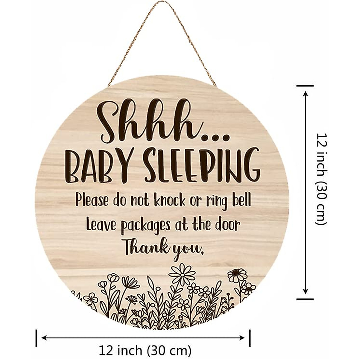 Shhh... Baby Sleeping Hanging Sign Plaque, Do Not Knock Or Ring The Bell, Round Sturdy Wooden Door Hanger for Baby Room, Nursery, Kindergarten, Bedroom, Door Knob Decor 12In