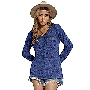 Grace's Secret Womens Sweaters Lightweight Soft Warm Sweatshirt Long Sleeve V Neck Shirts with Pockets,Navy,XXL