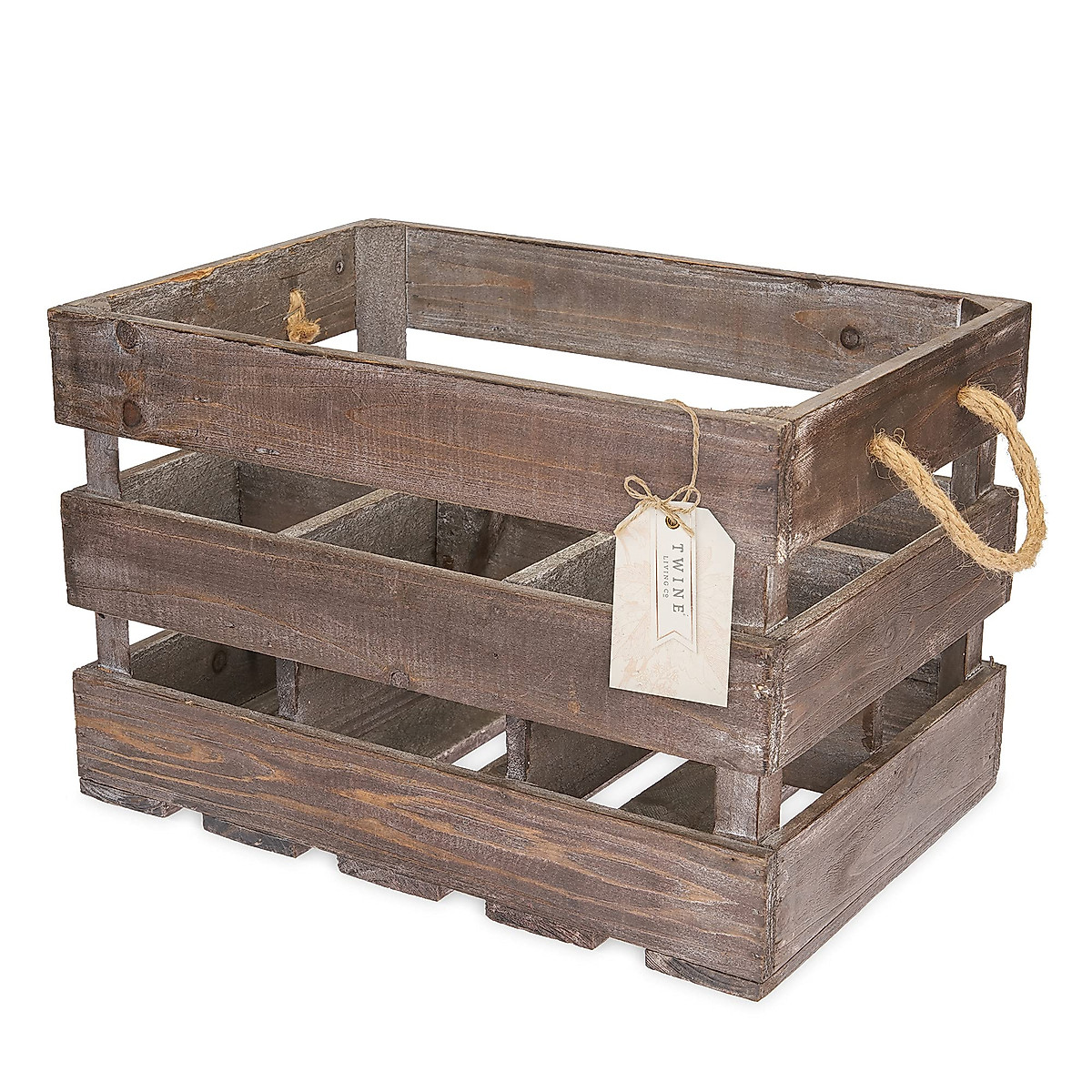 Twine 4281 Farm House Decor, Wood Wine Holder Rustic Farmhouse Wooden 6 Bottle Crate, Dark wood