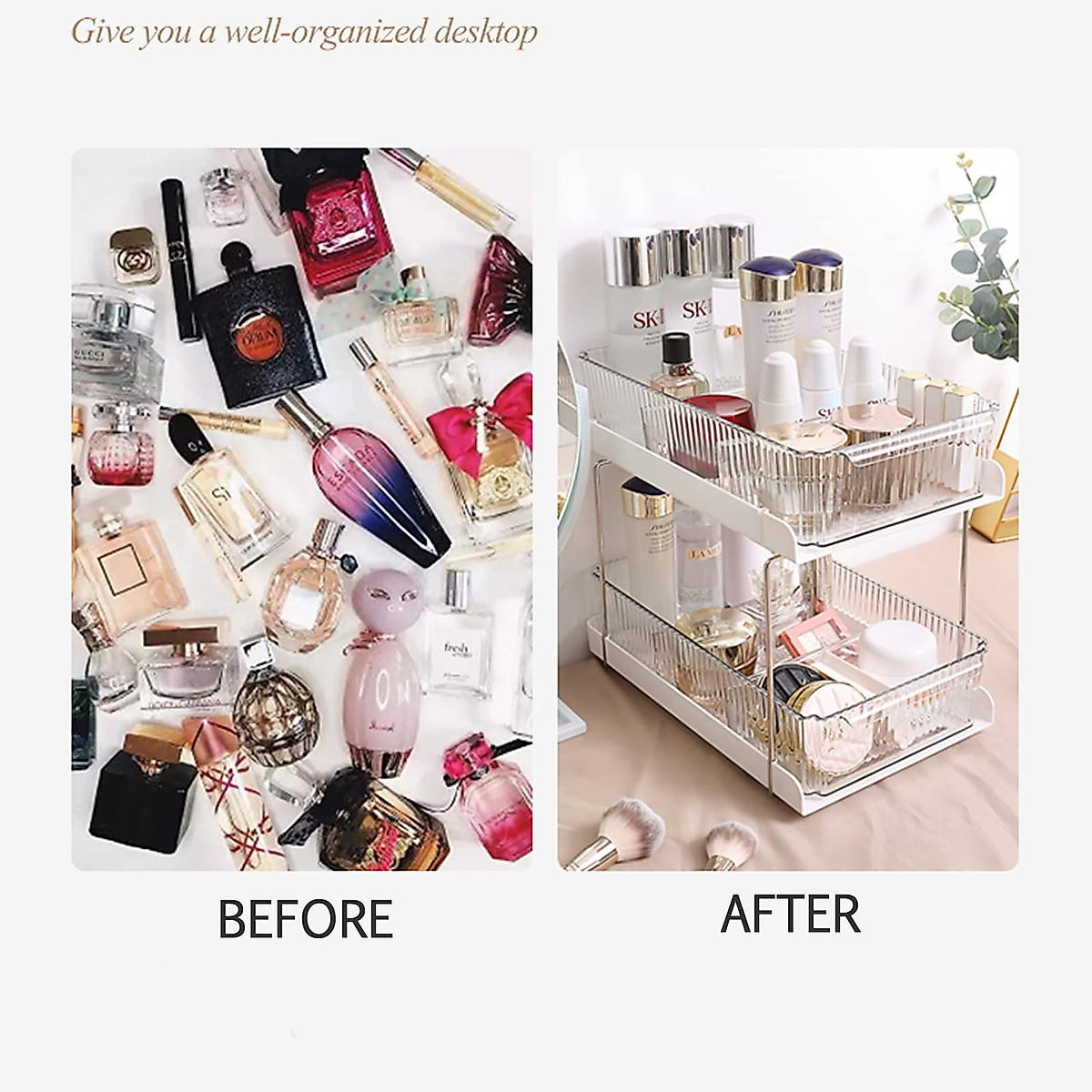 Beelee Under Sink Organizer with Dividers: 2 Tier Bathroom Organizer Tray Clear Pull Out Storage for Bathroom and Kitchen - Pantry Cabinet Shelf