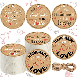 240 Pieces Handmade Gift Tags Handmade with Love Gift Tags with String 2.3'' Round Tags Brown Rustic Kraft Hang Tags for Wedding Party Favor DIY Craft and Birthday Party