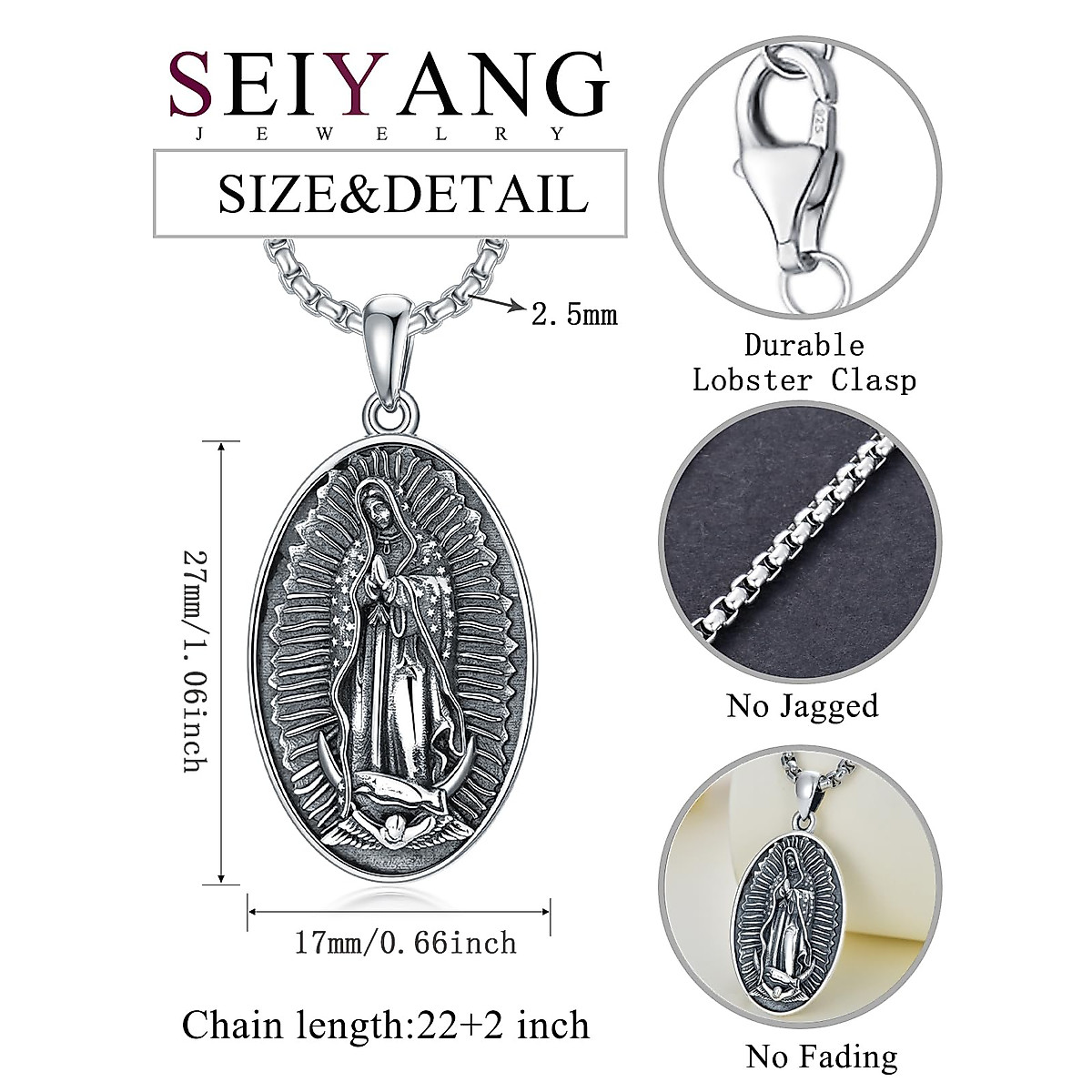 Seiyang Virgen de Guadalupe Necklace Sterling Silver Virgin Mary Pendant Miraculous Medal Pendant Religious Gift for Women Mom