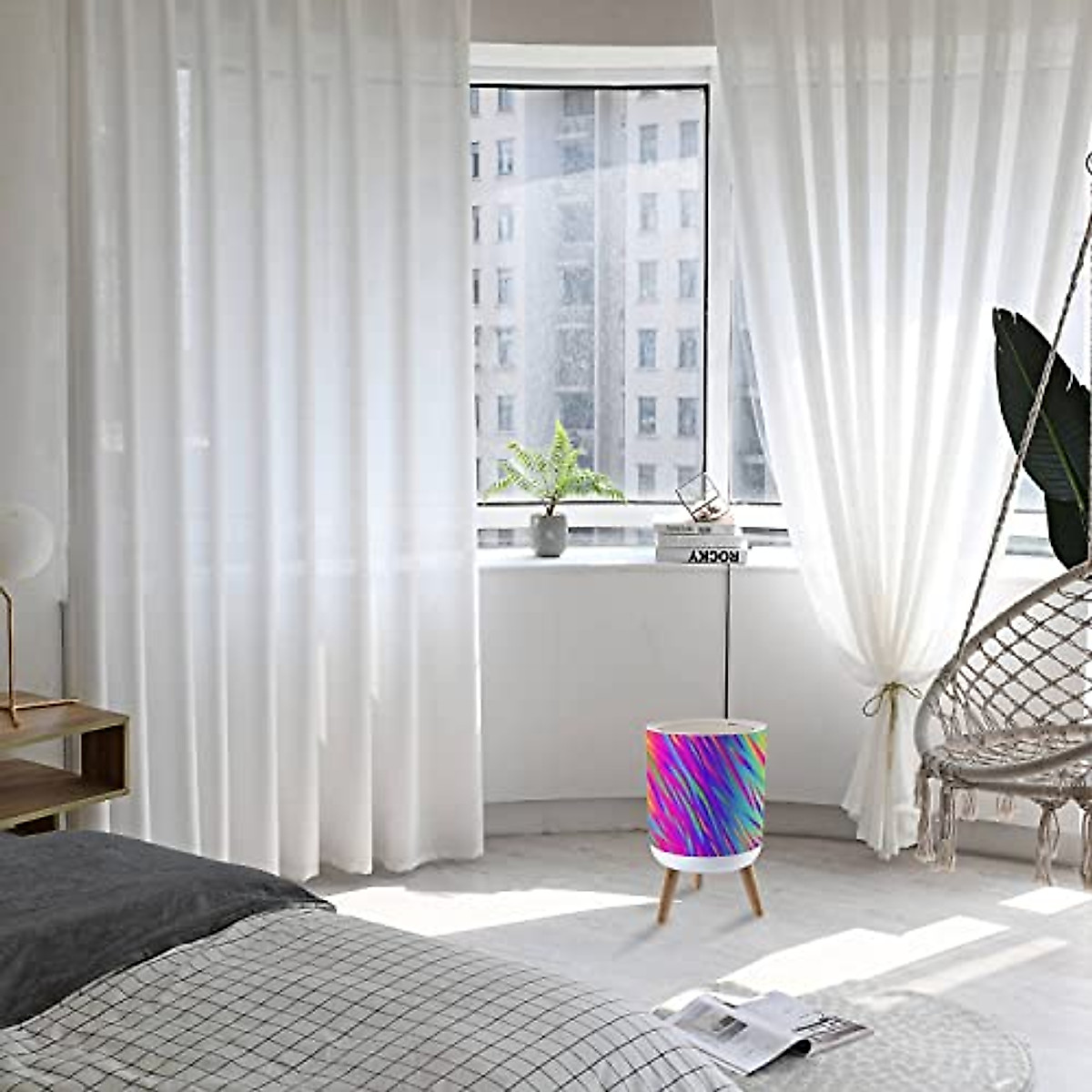 Small Trash Can with Lid Zebra Rainbow Abstract Seamless Colorful Stripes Repeating Printing Garbage Bin Wood Waste Bin Press Cover Round Wastebasket for Bathroom Bedroom Diaper Office Kitchen