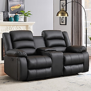 EBELLO Faux Leather Manual Loveseat Recliner, Reclining Sofa Chair with 2 Concealed Cup Holders, Hidden Storage, Overstuffed Armrest Couch Set for Living Room, Bedroom, Meeting Room, Black (Loveseat)