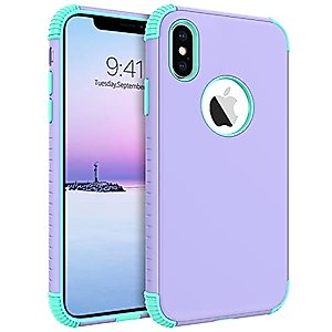 BENTOBEN iPhone X Case, iPhone Xs Case, 2 in 1 Slim Full Body Rugged Shockproof Hybrid Hard PC Bumper Drop Protective Girls Women Boy Men Covers for iPhone X/XS 5.8 inch, Purple/Mint