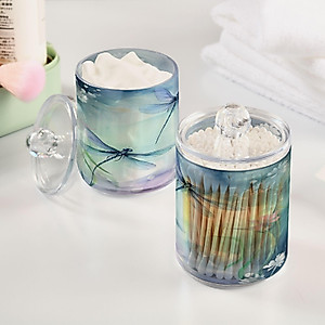 SDMKA 2 Pack Apothecary Jars Bathroom Watercolor Dragonflies Qtip Holder Dispenser Clear Plastic Storage Canister Jar with Lid for Cotton Ball, Cotton Swab
