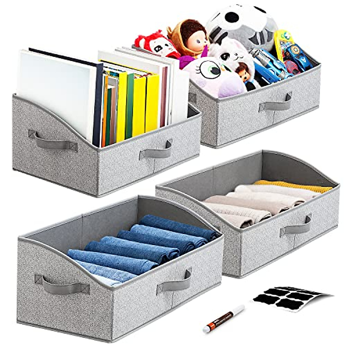 artsdi Set of 4 Large Capacity Storage Bins and Baskets with Handles, Closet Shelf Organizer Bins, Foldable Trapezoid Storage Box for Shelves,Clothes,Baby Toiletry,Toys,Towel,DVD,Book, Jumbo,Gray