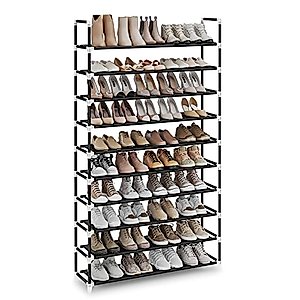 SONGMICS 10-Tier Shoe Rack, Storage Storage Organizer, Holds up to 50 Pairs, Metal Frame, Non-Woven Fabric, for Living Room, Hallway, 39.4 x 11 x 68.9 Inches, Black ULSH11H
