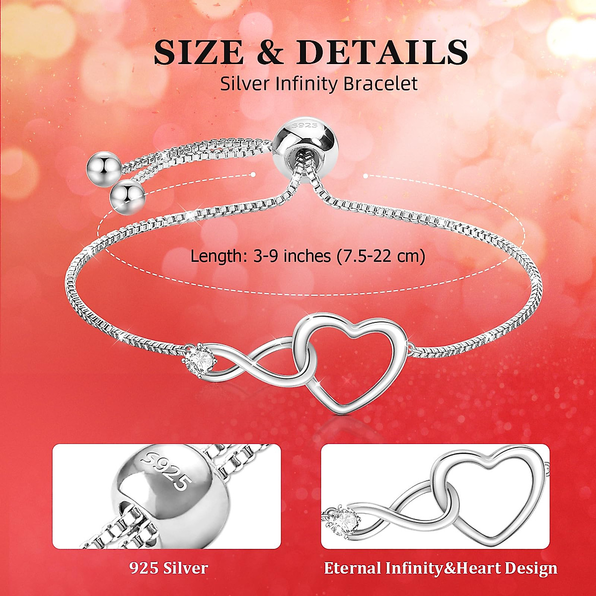 Silver Bracelet Silver Bracelets for Women Infinity Bracelets for Women Sterling Silver Bracelet Heart Bracelet Sterling Silver Bracelets for Women Adjustable Bracelets for Women Bracelets Women