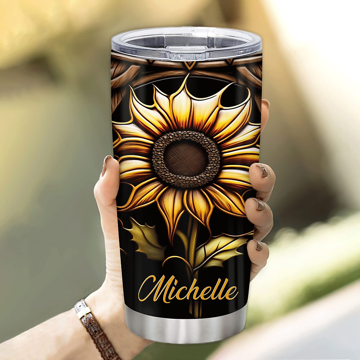 Hyturtle Personalized Gifts For Sunflower Lover - Sunflower Prints Custom Name Stainless Steel Tumbler 20oz With Lid - Idea Floral Lover Gifts For Women Girl On Birthday, Christmas