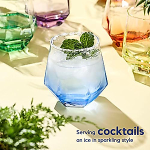 ColoVie Stemless Wine Glasses Set of 6, Colored Wine Glass, Old Fashioned, Diamond Shaped, Unique Colorful Tumblers. 10oz. White Red Wine, Whiskey Glasses, Cocktail, Gifts for Men, Birthday, Party