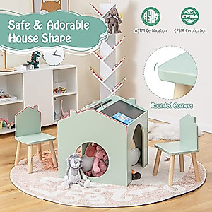 Costzon Kids Table and Chair Set, 3 Pieces Wooden Table Set for Toddler w/Chalkboards for Arts, Crafts, Reading, Drawing, House-Shaped Space-Saving Children Furniture Set, Gift for Boys Girls, Green