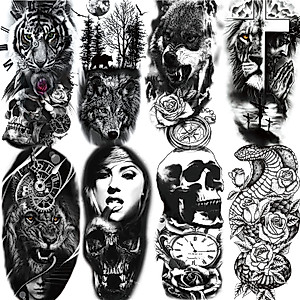 72 Sheets Half Sleeve Temporary Tattoos for Men Women Adults, Tiger Wolf Flower Skull Realistic Temporary Tattoo Stickers for Halloween, Black 3D Rose Animals Fake Tattoos