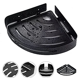 QCSJXX Triangle Shower Corner Caddy Bathroom Shower Corner Shelf with Two Hooks, Self Adhesive with Glue or Wall Mount with Screws,Aluminum 2 Tier Storage Shelves Triangle Baskets,Black Finish