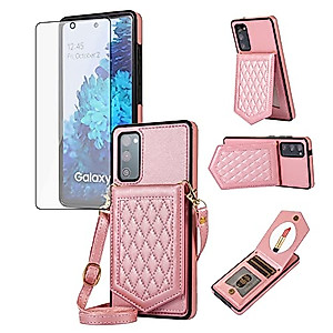 Phone Case for Samsung Galaxy S20 FE 5G 6.5 inch Wallet Cover with Screen Protector and Mirror Card Holder Crossbody Strap Cell S 20 EF UW S20FE5G S20FE 20S S2O Fan Edition 4G G5 Women Girls Rose gold