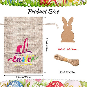 24 Pcs Easter Burlap Drawstring Bags Easter Burlap Bags with Drawstrings Bunny Linen Goody Gift Bags with Double Jute Drawstrings Easter Bags Burlap Easter Bunny Bags for Easter Party (Bright Style)