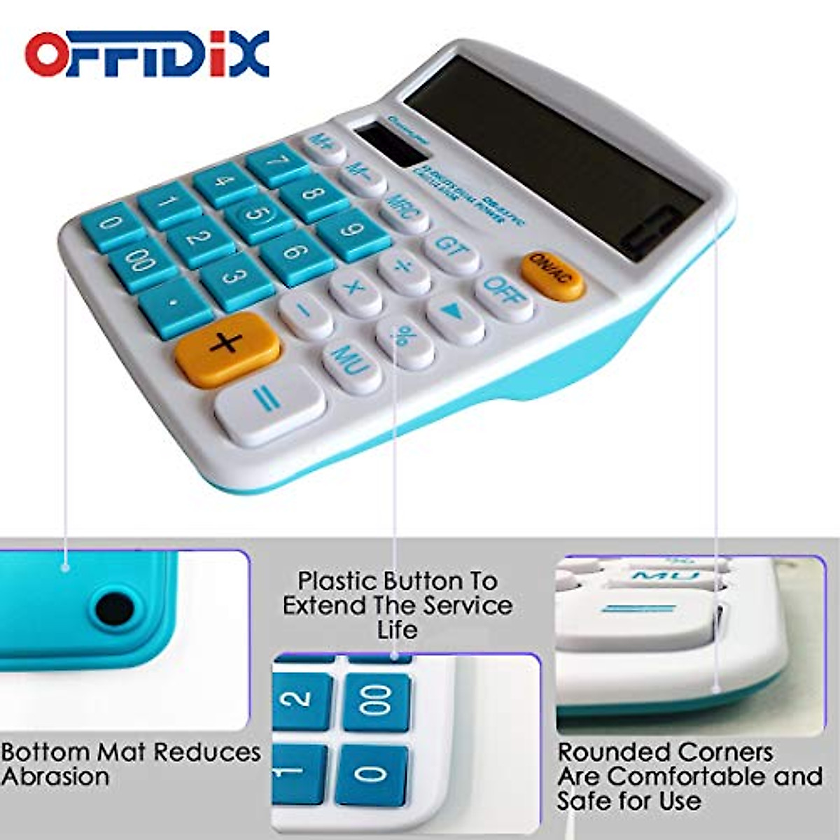 OFFIDIX Office Desktop Calculator, Solar and Battery Dual Power Electronic Calculator Portable 12 Digit Large LCD Display Calculator, Calculators Large Display Blue