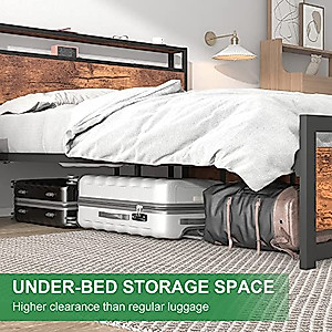 Osfvolr Full Size Bed Frame, Industrial Metal Platform Bed Frame with 2 Tier Storage Wooden Headboard and Footboard, Large Under Bed Storage, No Box Spring Needed, Easy Assembly, Vintage Brown
