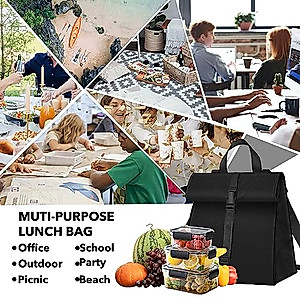 Lunch Bag for Women & Men, Foldable Lunch Box for Adults Insulated Lunch Bag for Office Work Picnic with Shoulder Strap, Black