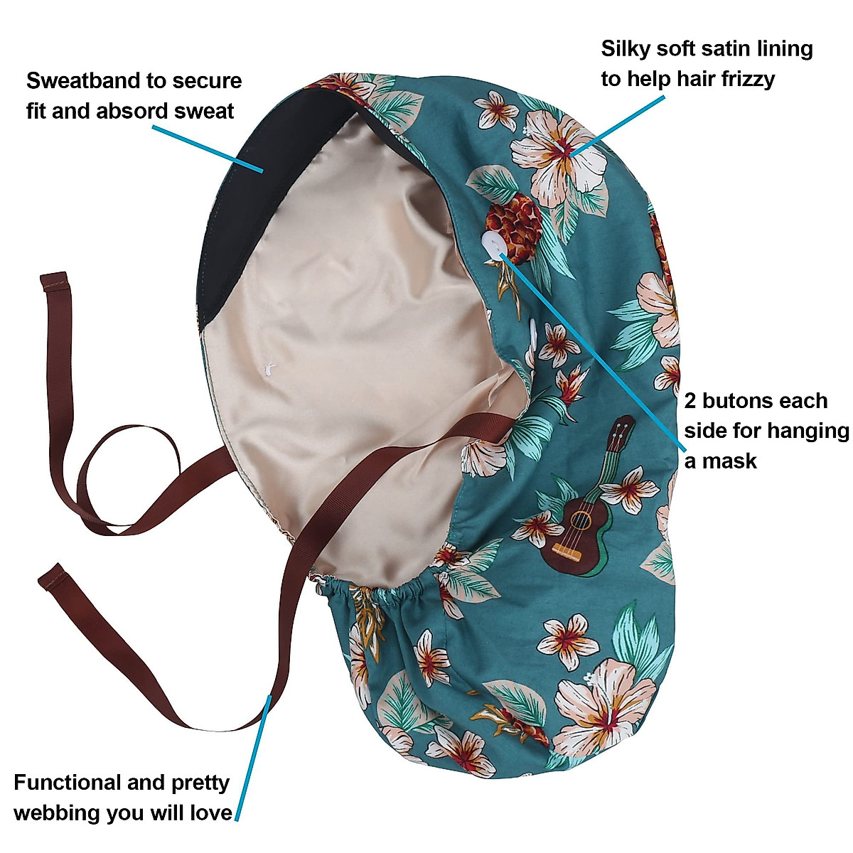 ABAMERICA Ponytail Scrub Caps for Women Surgical Caps Nurse Hat with Functional Ponytail Holder for Long Hair, Single or Satin-Lined