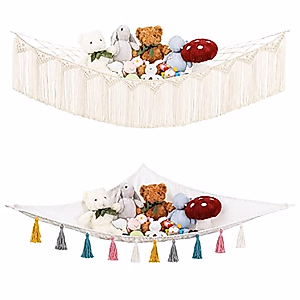 Mkono Macrame Stuffed Animal Hammock Boho Toy Storage Organizer with Lights Tassels and Stuffed Animal Toy Hammock Organizer with Colorful Tassels