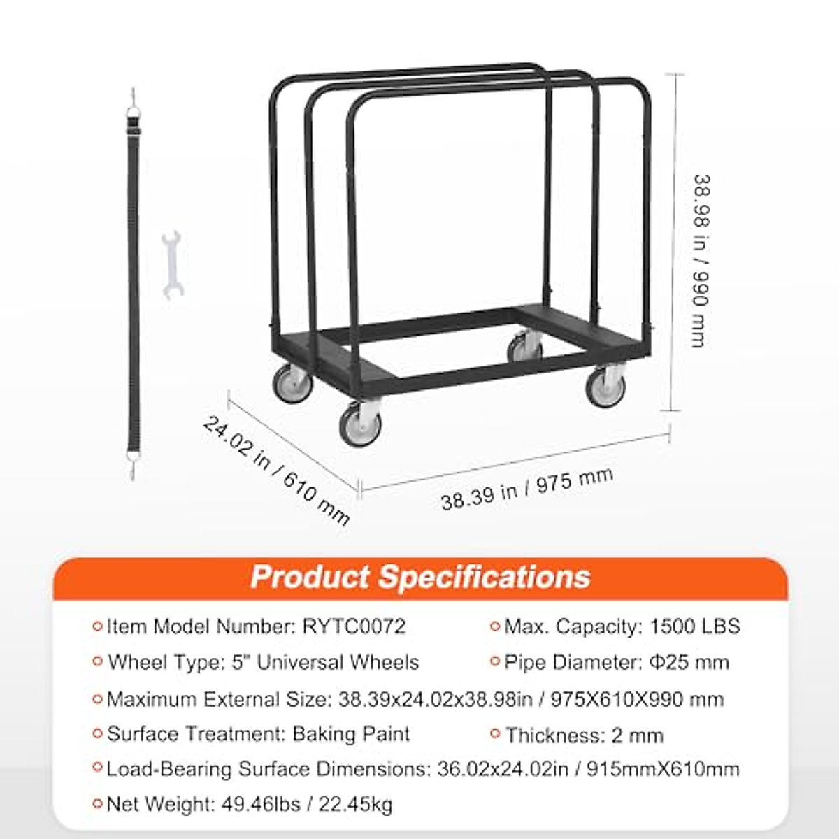 VEVOR Steel Panel Truck, 1500 LBS Panel Dolly Cart with 5" Swivel Casters and 36.02" x 24.02" Deck, Heavy-Duty Drywall Sheet Cart, Handling Wall Panel, Sheetrock, Lumber for Garage, Home, Warehouse
