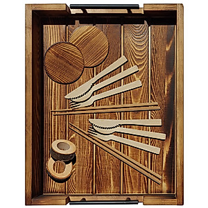 RustyEx Pine Wood Serving Tray - Metal Handles Rectangular Breakfast Tray 17x13x2 inches with Extra Bamboo Cutlery Sets, Rustic Coasters, Elegant Napkin Holders Good for Eating, Working, Storing