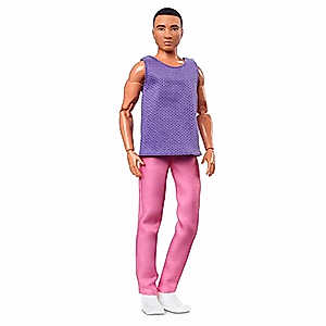 Barbie Looks Ken Doll with Black Hair Dressed in Purple Mesh Top and Pink Trousers, Posable Made to Move Body, 6 years and older