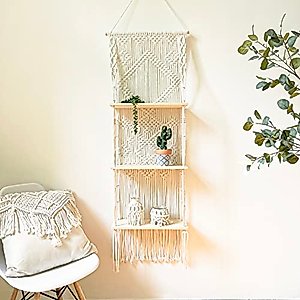 M MANUAL Macrame Wall Hanging Shelf - 3 Tier Wall Shelves Boho Wall Decor Storage Shelf for Bathroom Bedroom Living Room Large Handmade Boho Home Decor Bedroom Living Room Handmade Boho Home Decor