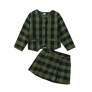 Baby Girl Plaid Skirt Sets Long Sleeve Crew Neck Buttons Jacket Coat A Line Short Shirt Spring Fall Winter Fashion (Green, 3 Years)