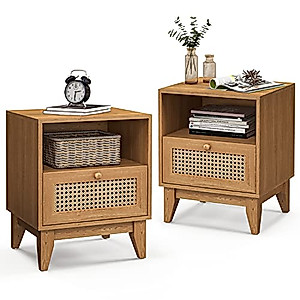 TOLEAD Nightstand Set of 2, Rattan Nightstand with Drawer & Open Shelf, Boho Accent End Table Side Table Bedside Tables with Solid Wood Feet for Bedroom, Living Room