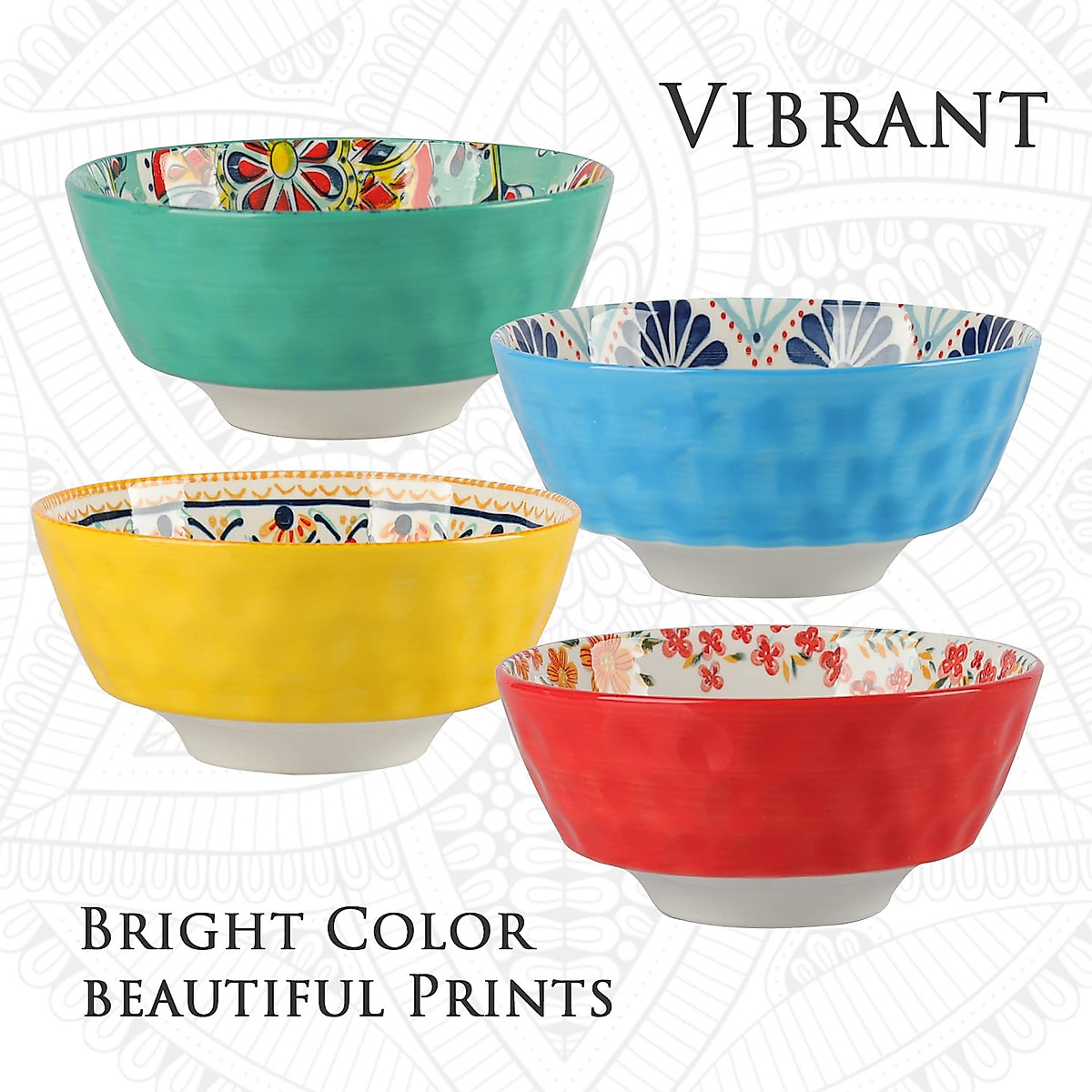 HSOFBLUES Soup Bowls 24 oz Ceramic Floral Bowl Set of 4 for Soup Salad Ramen Rice, Assorted Vibrant Colors Microwave Dishwasher Safe