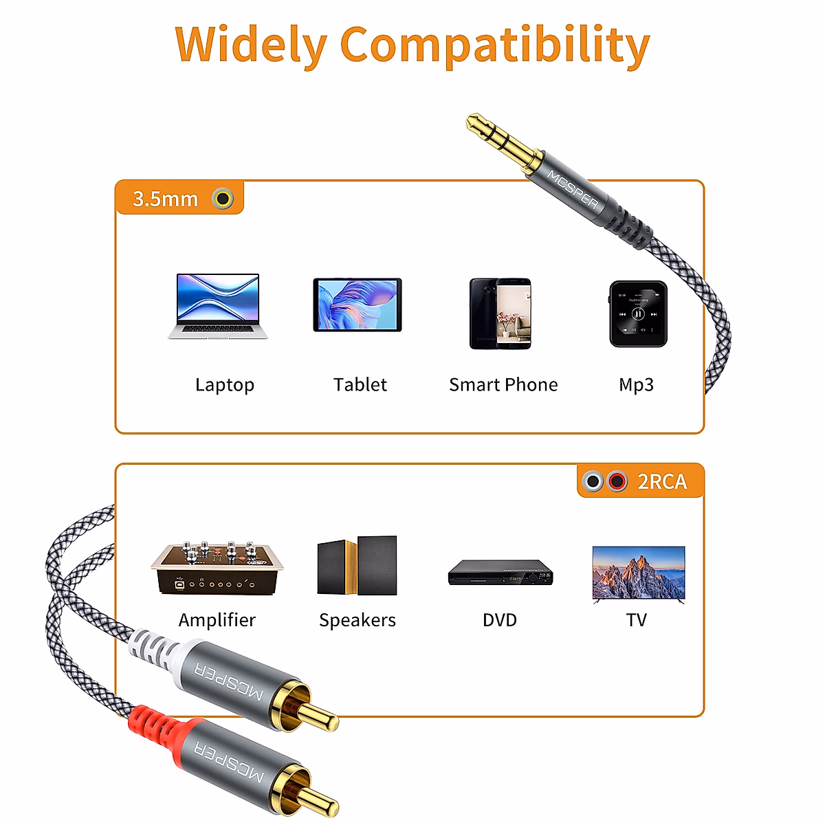 MCSPER RCA to 3.5mm AUX Cable, (6.6 Feet) 3.5 mm 1/8 to RCA 2-Male Headphone Jack Adapter Splitter Premium Stereo Audio Cord for Connects a Smartphone, Tablet, HDTV