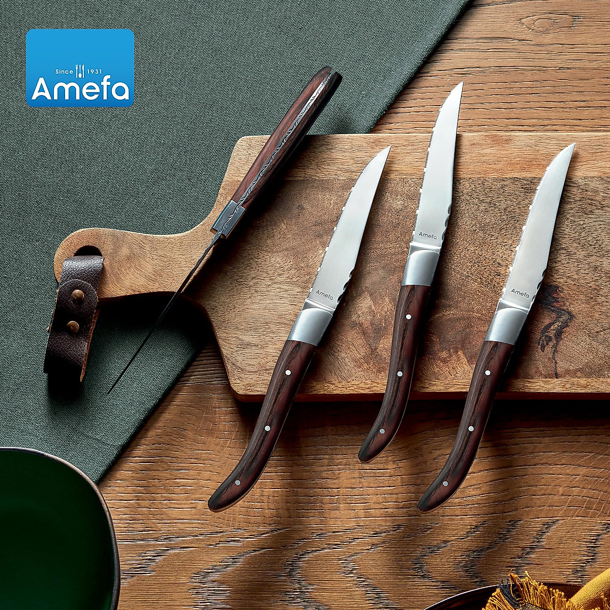 Amefa Royal Steak Knives, Set of 6, Premium Hardened Stainless Steel, Triple Rivet Pakka Wood Ergonomic Handle Design, Serrated Edge 4 Inch Blade Steak Knife, Dishwasher Safe.