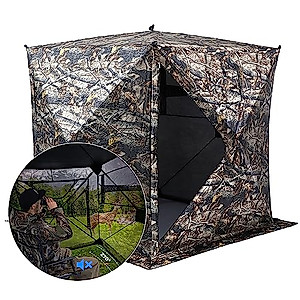 KEMIMOTO Hunting Blind 2-3 Person, See Through Ground Blind 270 Degree Pop Up, Portable Camo Tent for Deer & Turkey Hunting