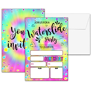 Chuxvon Waterslide Birthday Party Invitations, Summer Pool Birthday Invitation, Double-Sided Tie Dye Themed Fill In Invites, Kids Splash Birthday Party Decorations, 20 Cards With 20 Envelopes(C04)