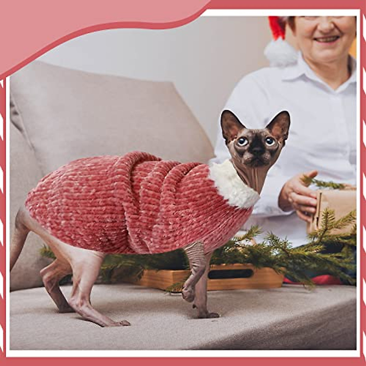 2 Pieces Sphynx Cat Clothes, Winter Warm Faux Fur Sweater Outfit High Collar Cat Apparel Hairless Cat Sweaters Hairless Cats Vest Turtleneck for Hairless Cat Shirts Sweaters (Pink, Gray)