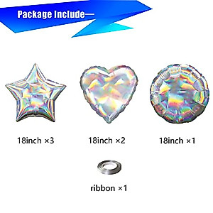 19" Iridescent silver Foil Balloon-6pcs(3Star, 2Heart, 1Round) DIY Birthday Party Supplies, Unicorn Birthday Party Decoration