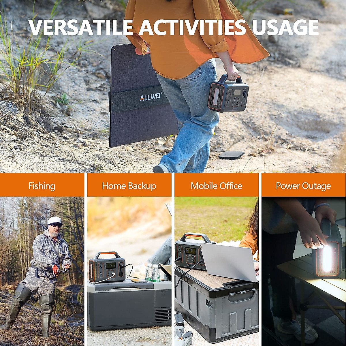 ALLWEI 300W Portable Power Station and 300W Red Car Power Inverter, 280Wh Backup Lithium Battery, USB-C PD60W, 110V Pure Sine Wave AC Outlet, 78000mAh Solar Power Generator LED Light for Camping