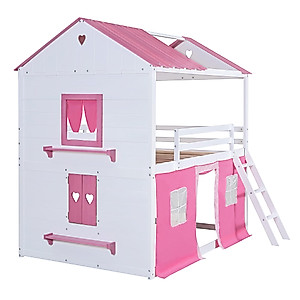 Harper & Bright Designs House Twin Loft Bunk Bed with Tent, Kids Loft Bed with Ladders,Guardrail, Windows and Roof, Wood Twin Over Twin Playhouse Bunk Bed for Kids Teens Boys & Girls (Pink & White)