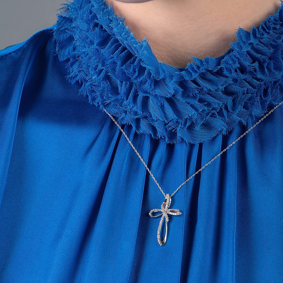 Jewelili Womens 10K White Gold with 1/5 Cttw Natural White Round Diamond Cross Necklace, 18" Rope Chain