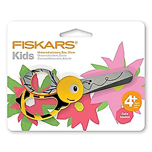Fiskars Children's Animal Scissors with Bee Motif, From 4 years, length: 13 cm, For right and left handers, Stainless steel blade/plastic handles, Yellow, 1003747
