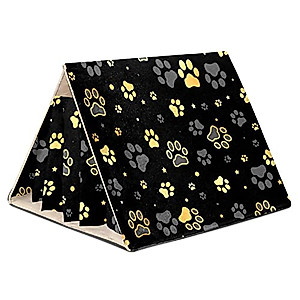 enheng Small Pet Hideout Gold Dog Paw Footprint and Star Pattern Hamster House Guinea Pig Playhouse for Dwarf Rabbits Hedgehogs Chinchillas