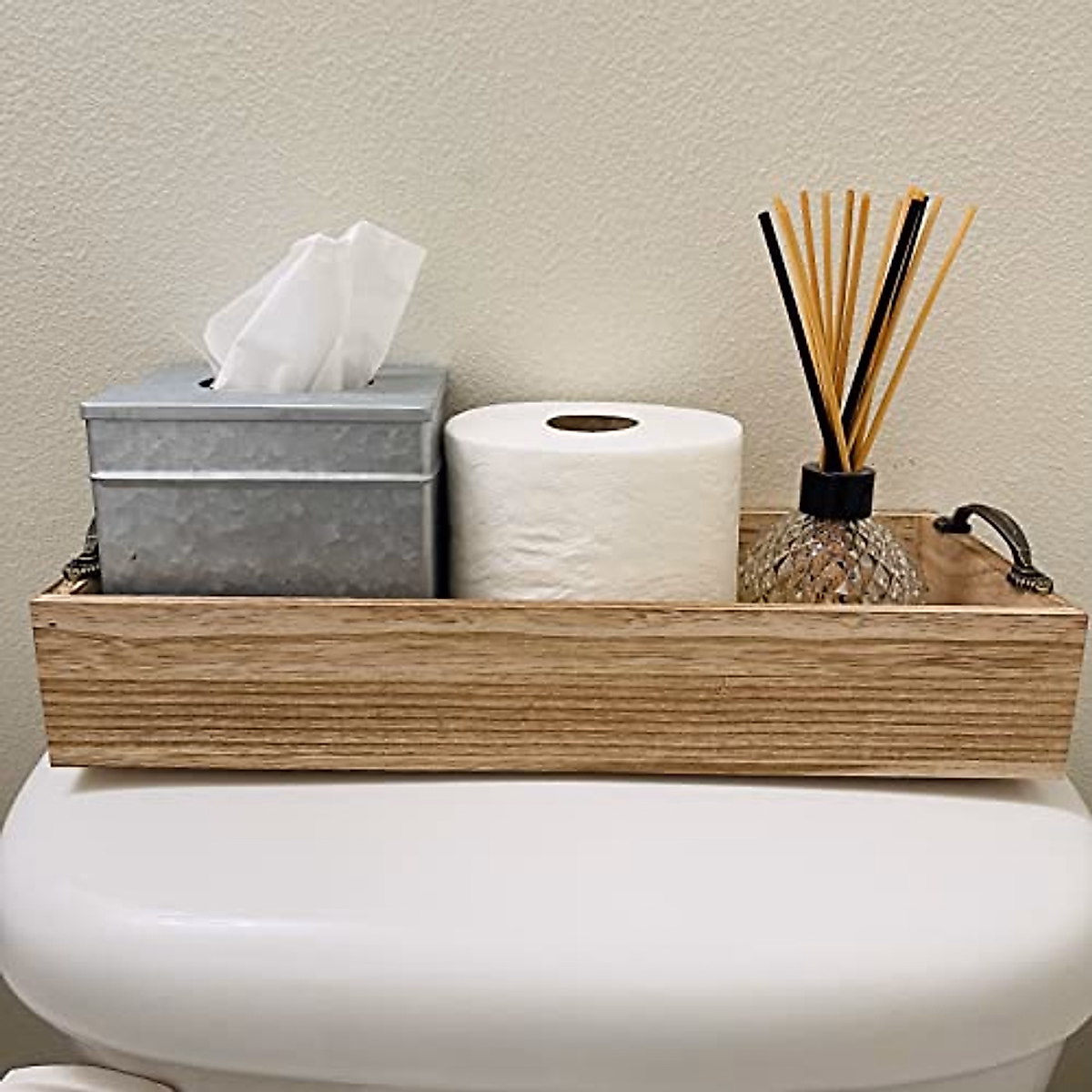 3pcs Burnt Narrow Wooden Serving Trays(13.8"/15.2"/16.5") with Decorative Antique Metal Handles - Sink Vanity Trays/Farmhouse Decor Rectangular Tray for Coffee Table/Bed Food,Breakfast,Dessert,Tea