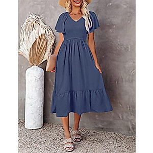 MEROKEETY Women's V Neck Smocked Midi Dress Ruffle Sleeve Elastic Waist Flowy Dress with Pockets, Dustyblue, M