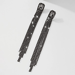 Xerling Long Rhinestones Tassel Earrings Bridal Black Chandelier Fringe Bohemian Earrings for Women Sparkling Crystal Dangle Drop Earrings for Girls (Black)