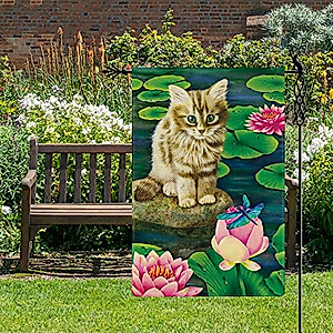 Kenomi Cute Cat Garden Flag Funny Lotus Dragonfly Garden Flag Vertical Double Sided Rustic Farmland Burlap Yard Lawn Outdoor Decor 12.5x18"
