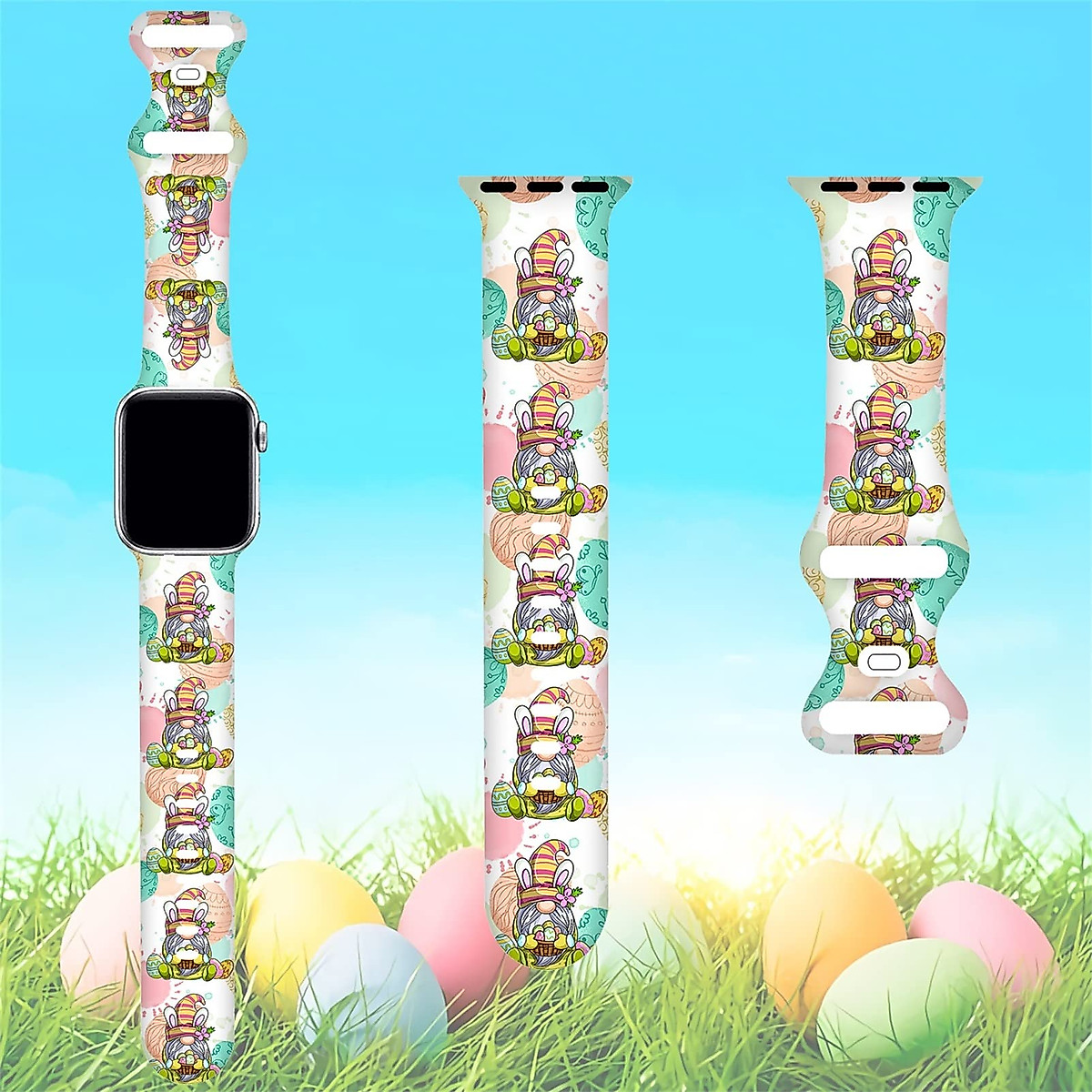 Easter Bands Compatible with Apple Watch Band 38mm 40mm 41mm,Cartoon Gnomes Rabbit Eggs Bunny Silicone Strap Wristbands Compatible with iWatch Bands Series SE 7 6 5 4 3 2 1 for Girls Women Boys Men
