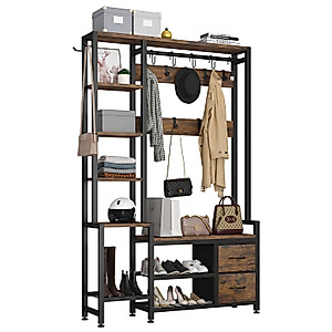 WODRAWER Hall Tree for Entryway 43", Bench with Shoe Storage, Large Coat Rack Shoe Bench with 5 Tier Shelves, 5 in 1 Design Front Door Shoe Rack and Wall Rack Hooks, and 2 Drawers (Rustic Brown)