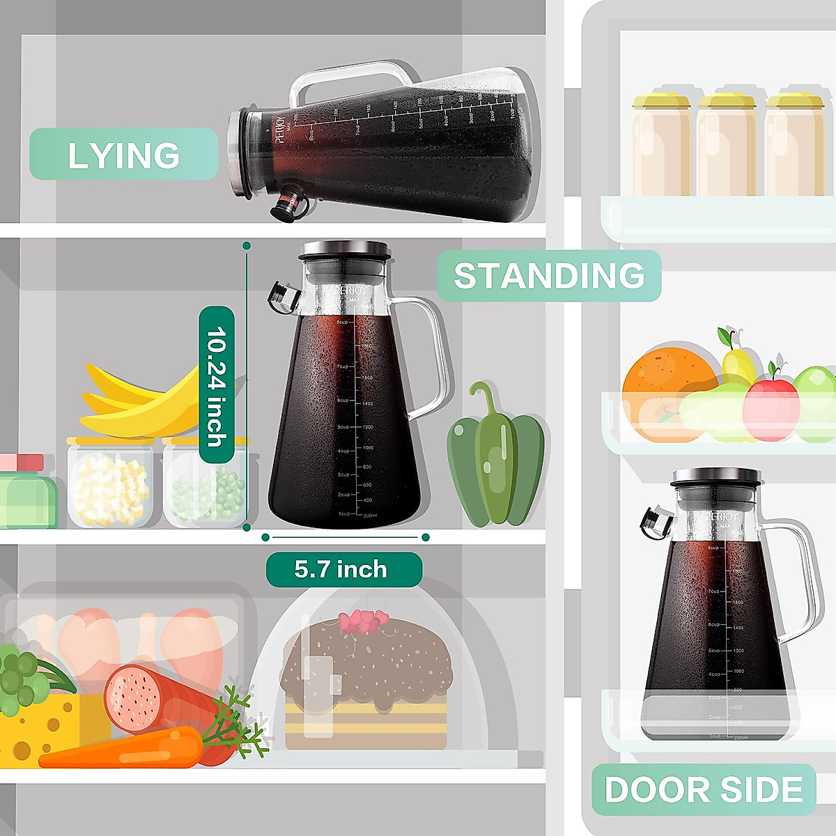 Perjoy Cold Brew Coffee Maker- 64oz/2qt Glass Iced Coffee Maker with Super Dense Stainless Steel Filter & Lid, Airtight Cold Brew Pitcher for Coffee,Ice Tea,Fruit Drinks,Lemonade